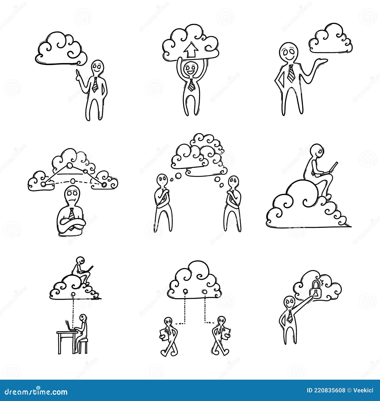 Cloud and People Doodle Vector Icon Set. Drawing Sketch Illustration ...