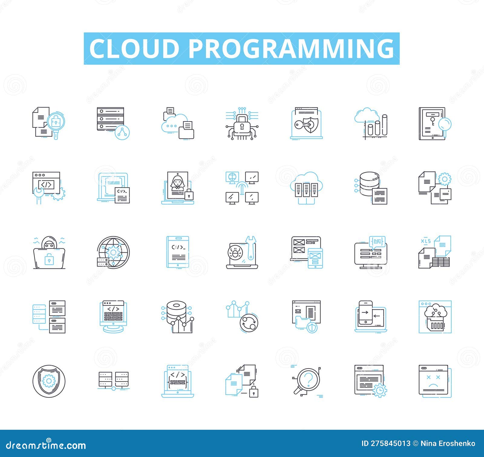 Cloud Programming Linear Icons Set. Virtualization, Elasticity, DevOps ...