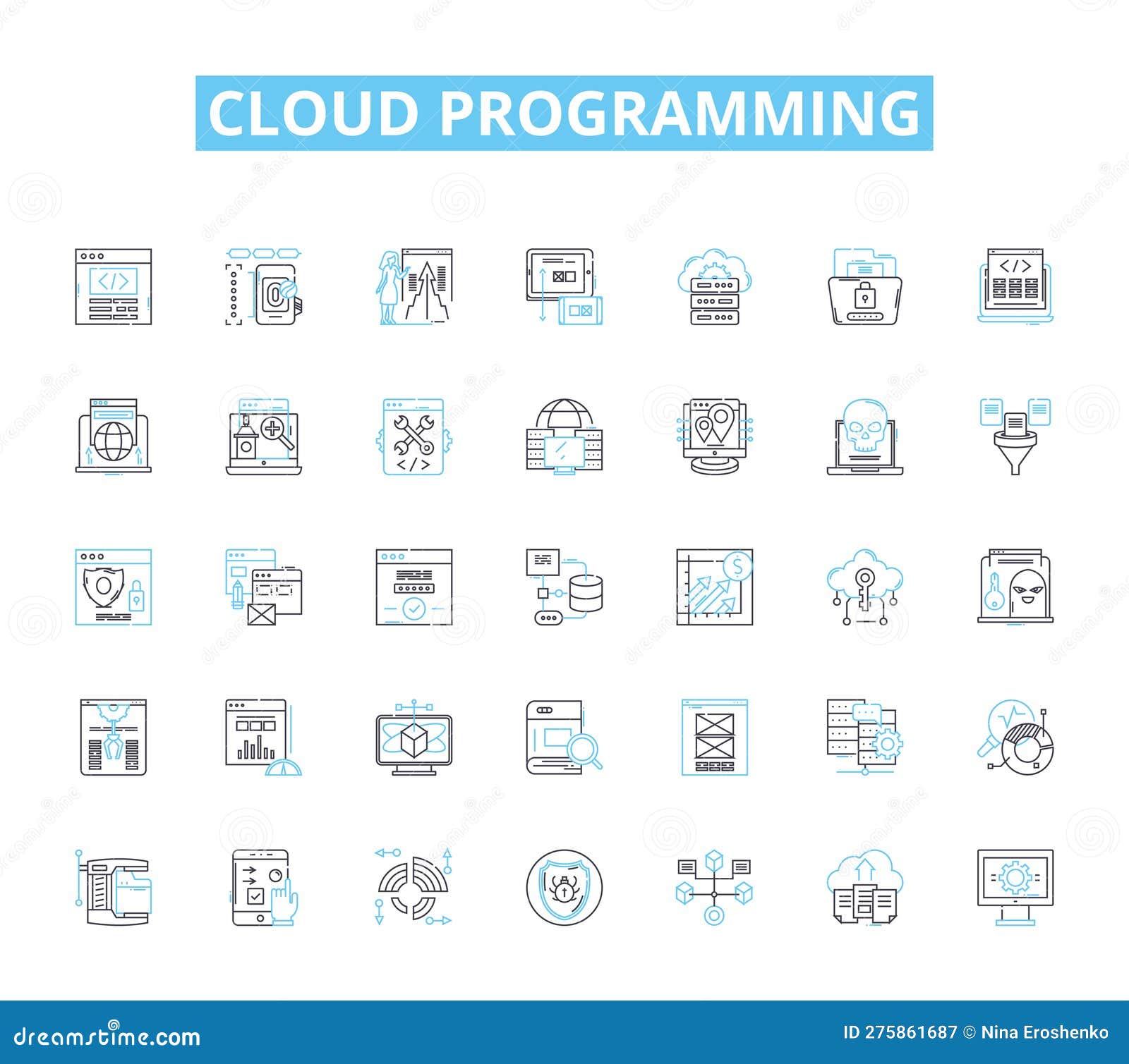 Cloud Programming Linear Icons Set. Virtualization, Elasticity, DevOps ...