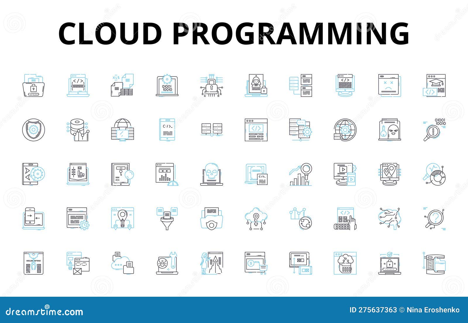 Cloud Programming Linear Icons Set Virtualization Elasticity Devops 5642
