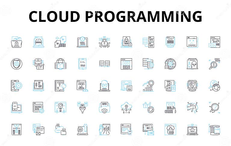 Cloud Programming Linear Icons Set. Virtualization, Elasticity, DevOps ...