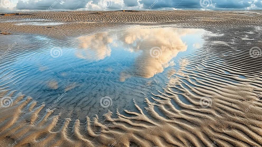 Cloud Reflections in Tidal Pool on Sandy Beach at Low Tide Stock ...