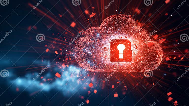 Cloud Security with a Bright Lock Symbol and Data Particles on a Dark ...