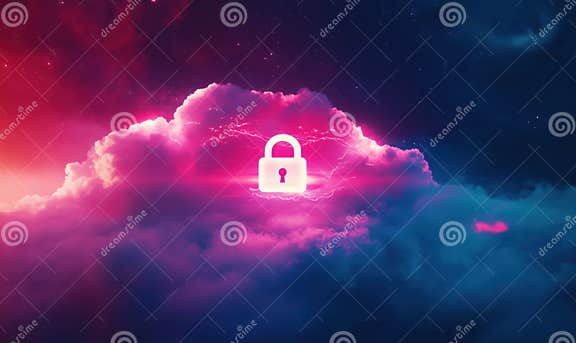 Cloud Security Concept with Lock Symbol Surrounded by Colorful Clouds and Lightning Effects ...