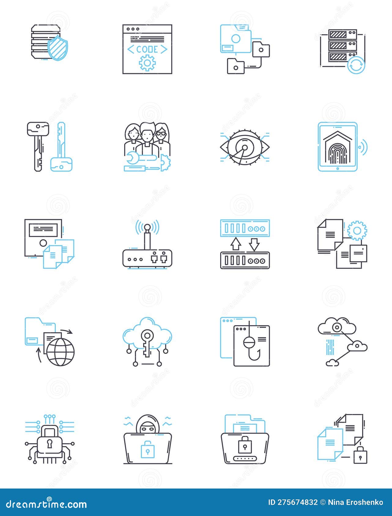 Cloud Security Linear Icons Set Encryption Firewall Authentication Malware Vulnerability