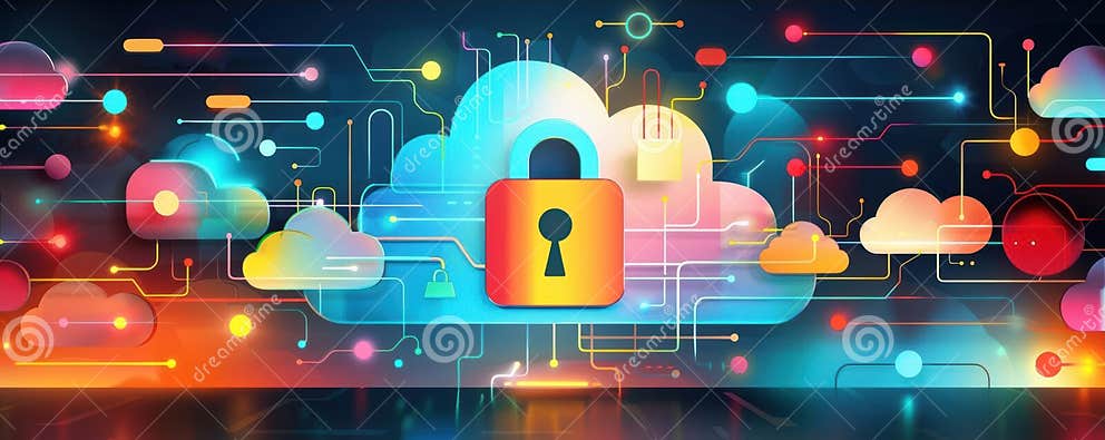 Cloud Security Protocols Safeguarding Data with Colorful Cybernetic Elements Stock Illustration ...