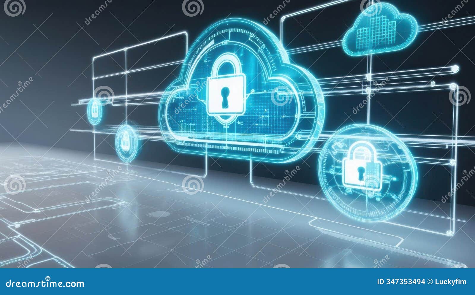 Cloud Security Visualization with Glowing Holographic Icons and Layered ...