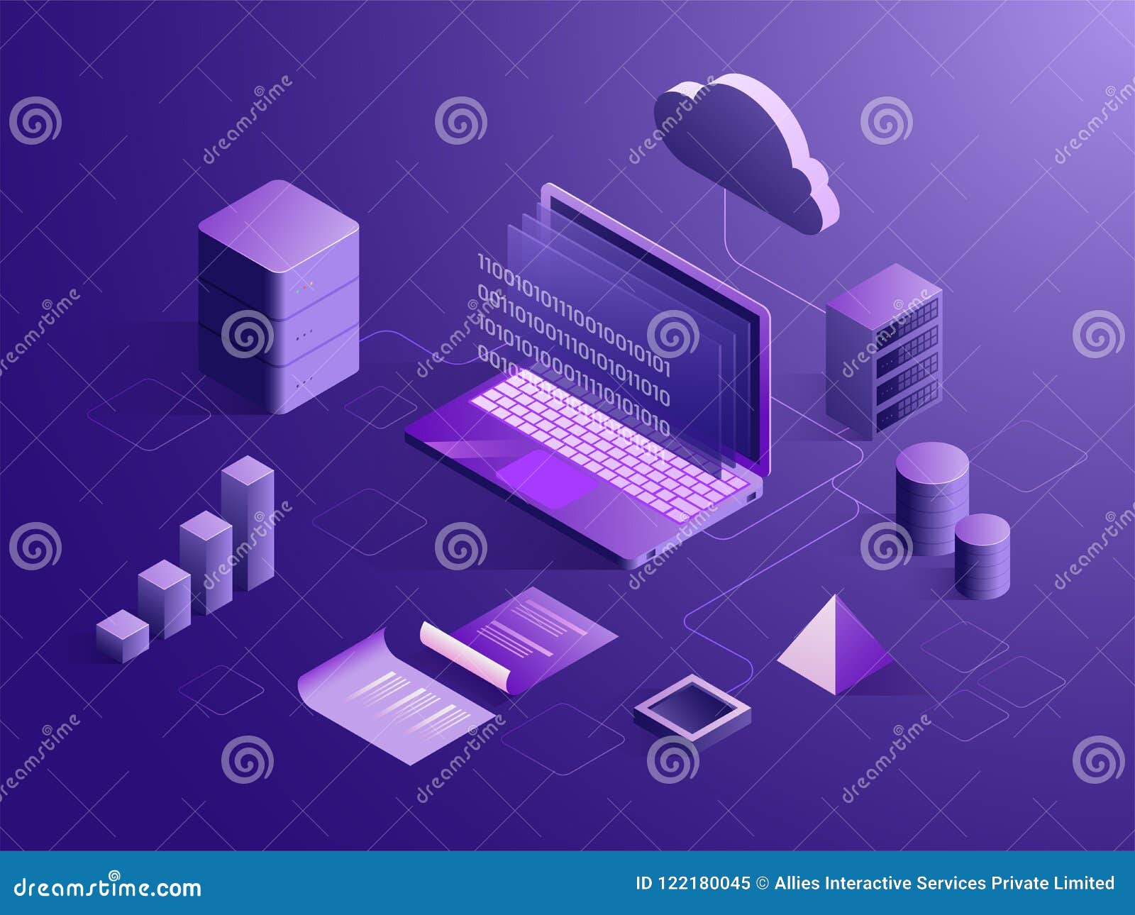 Cloud Server Connect with Laptop, Binary Coding on Screen, with Stock ...