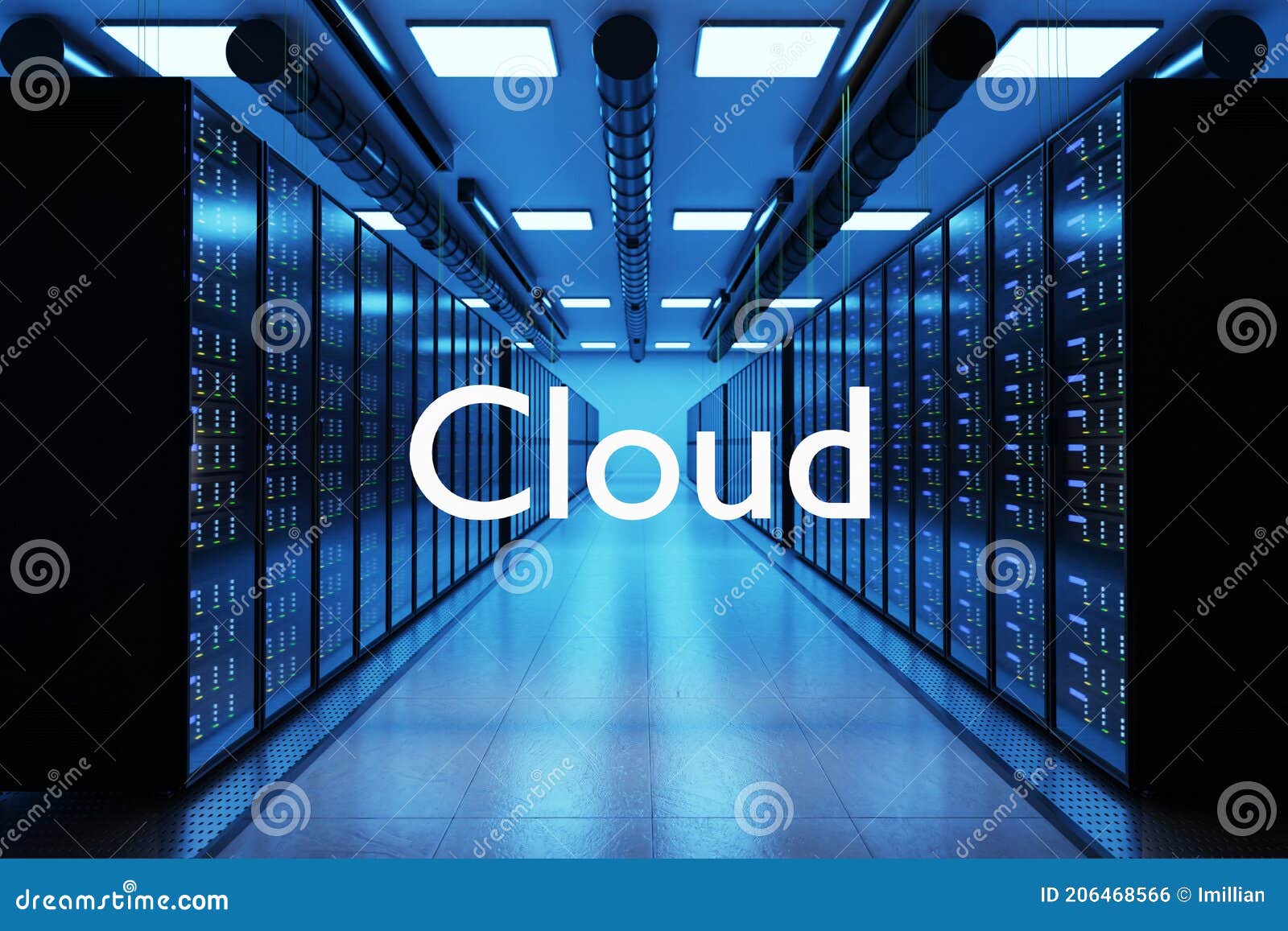 Cloud Service Logo in Large Modern Data Center with Multiple Rows of ...