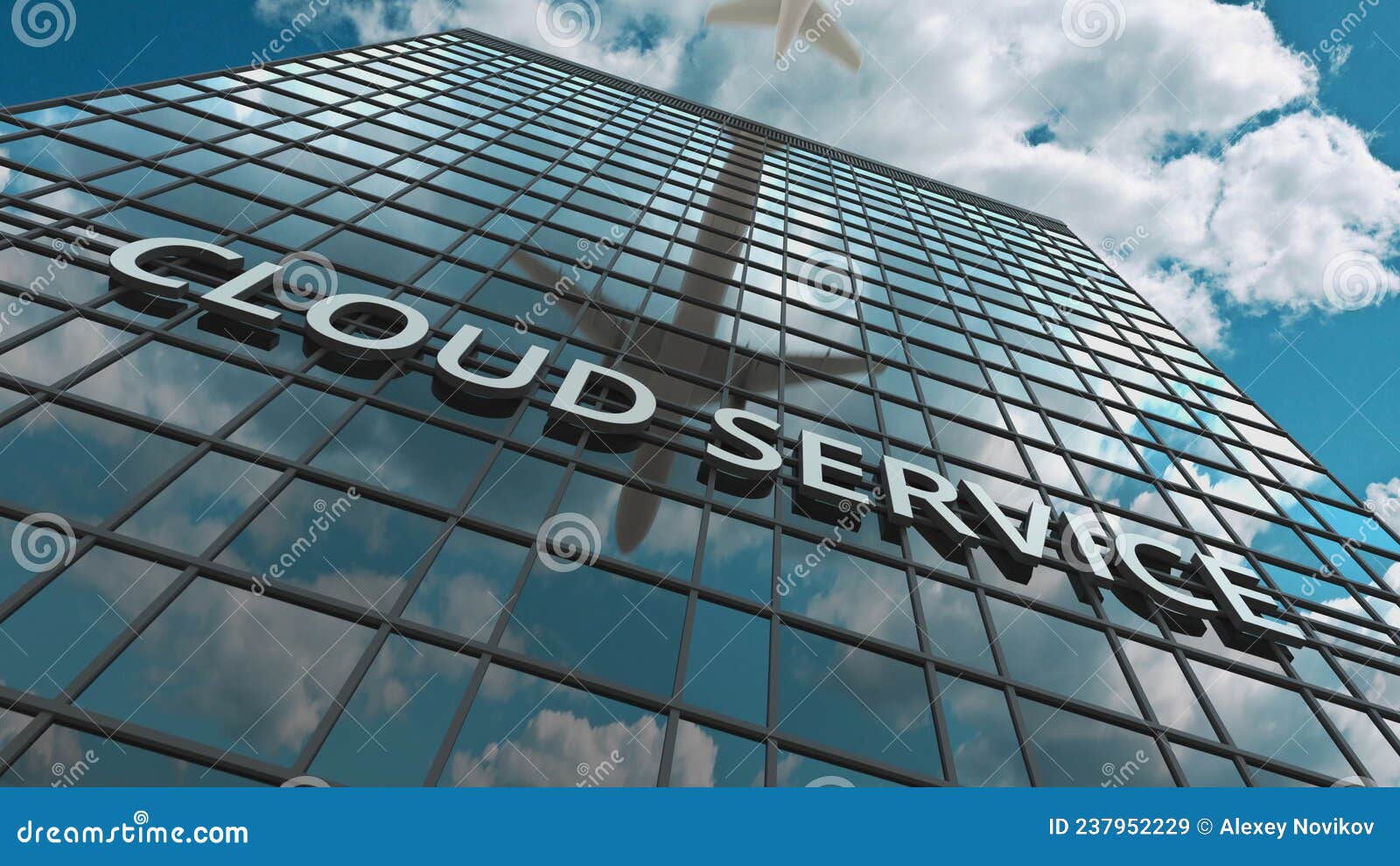 CLOUD SERVICE Signboard on a Modern Skyscraper Reflecting Flying ...
