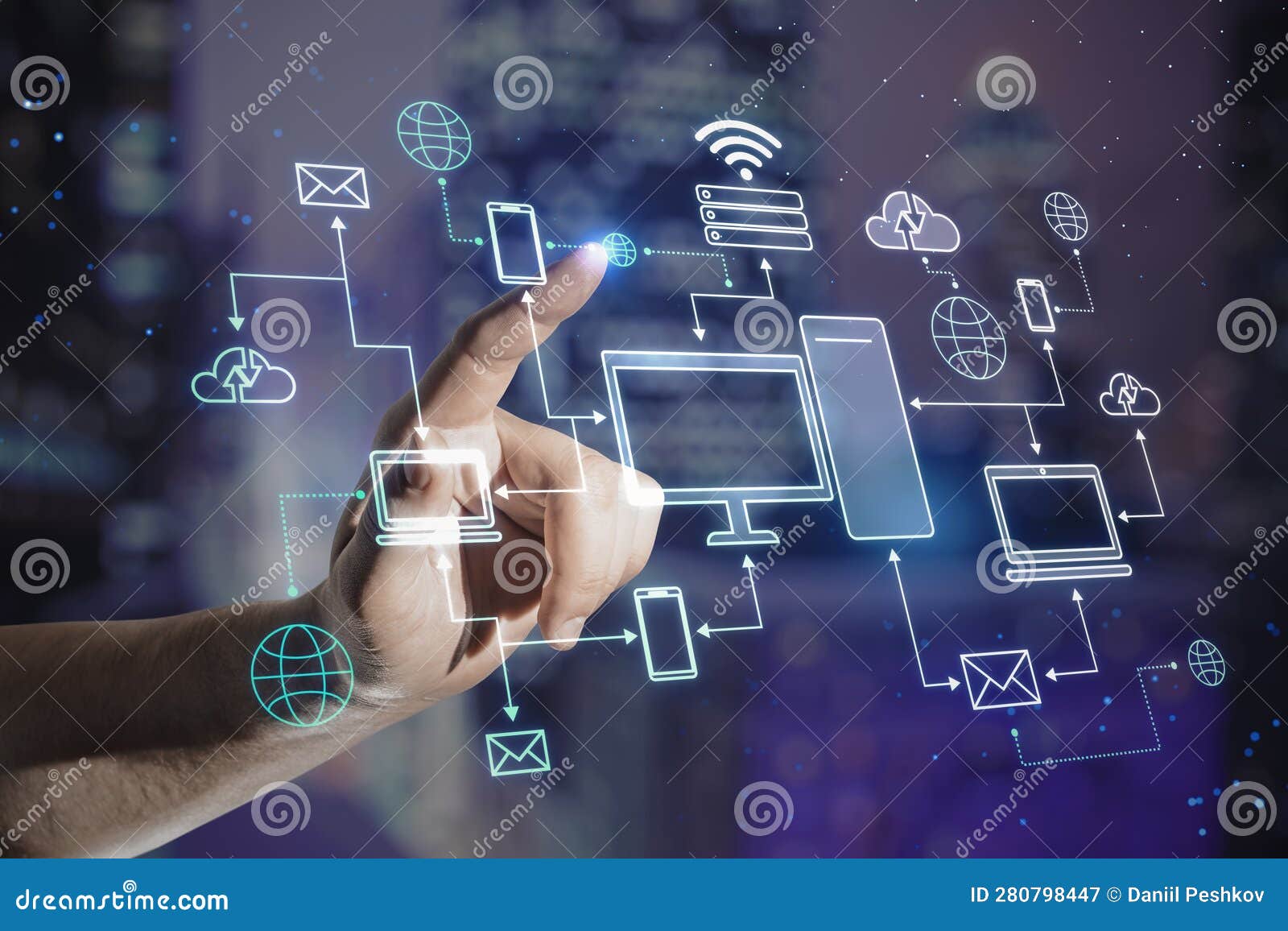 Cloud Service Technology Concept with Man Finger on Virtual Touch ...