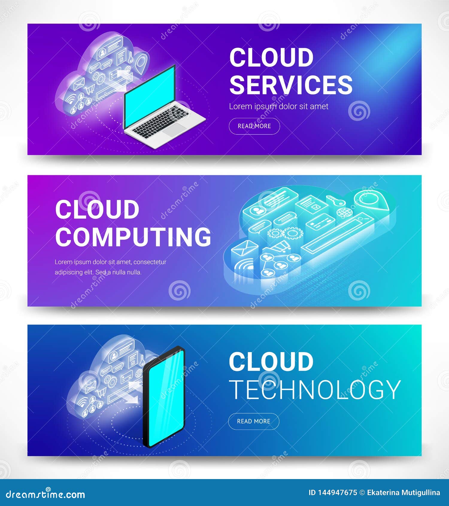 Cloud Services Horizontal Banners Set Stock Vector - Illustration of ...