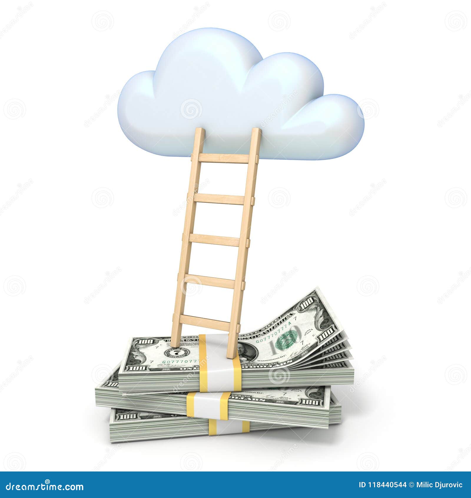 Cloud Shape and Ladder Over Dollars Banknotes 3D Stock Illustration ...