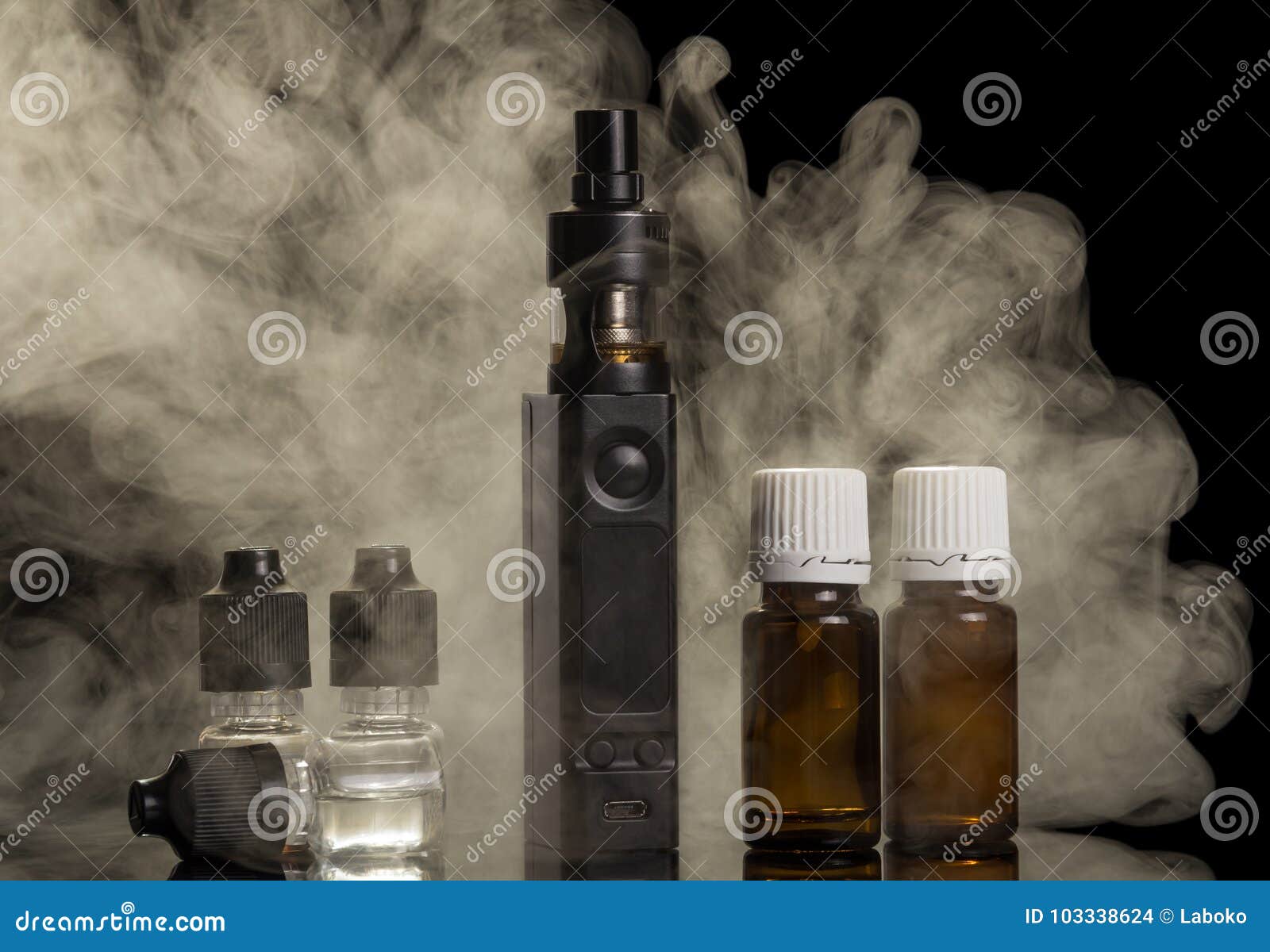 Cloud of Steam from an Electronic Cigarette, Bottles of Liquid for ...