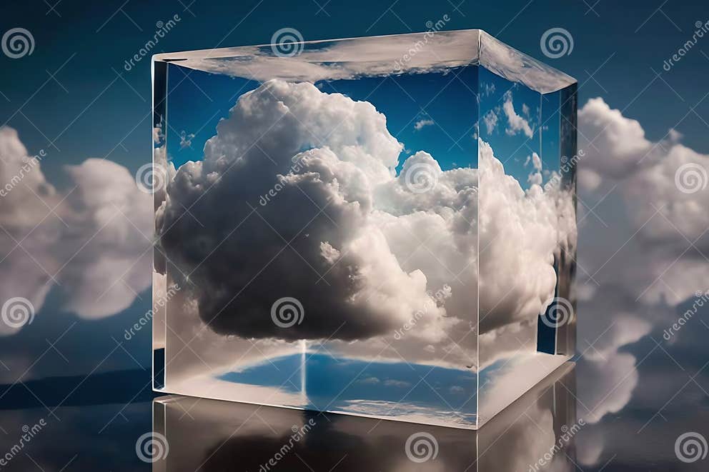 Cloud Storage Concept. White Cloud Storage System. Clouds in Glass Cube ...