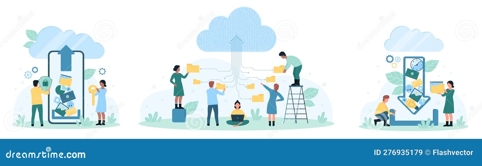 Cloud Storage for Data Files Set, Tiny People Upload Digital Document ...