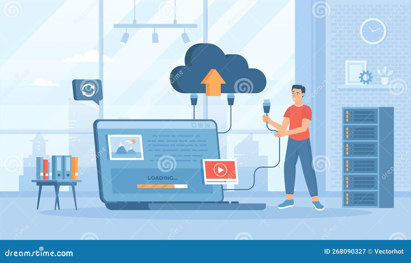 Cloud Storage, Internet Hosting Provider. Man Uploads Data To Cloud ...