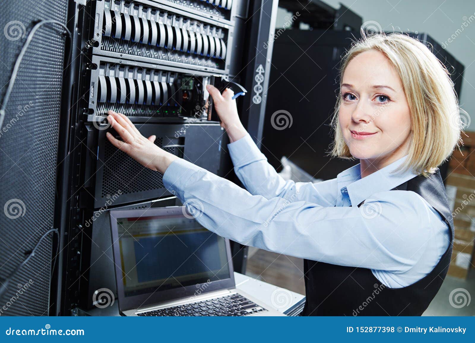 Cloud Storage Service. Female Engineer Replacing Hard Drive in Server ...