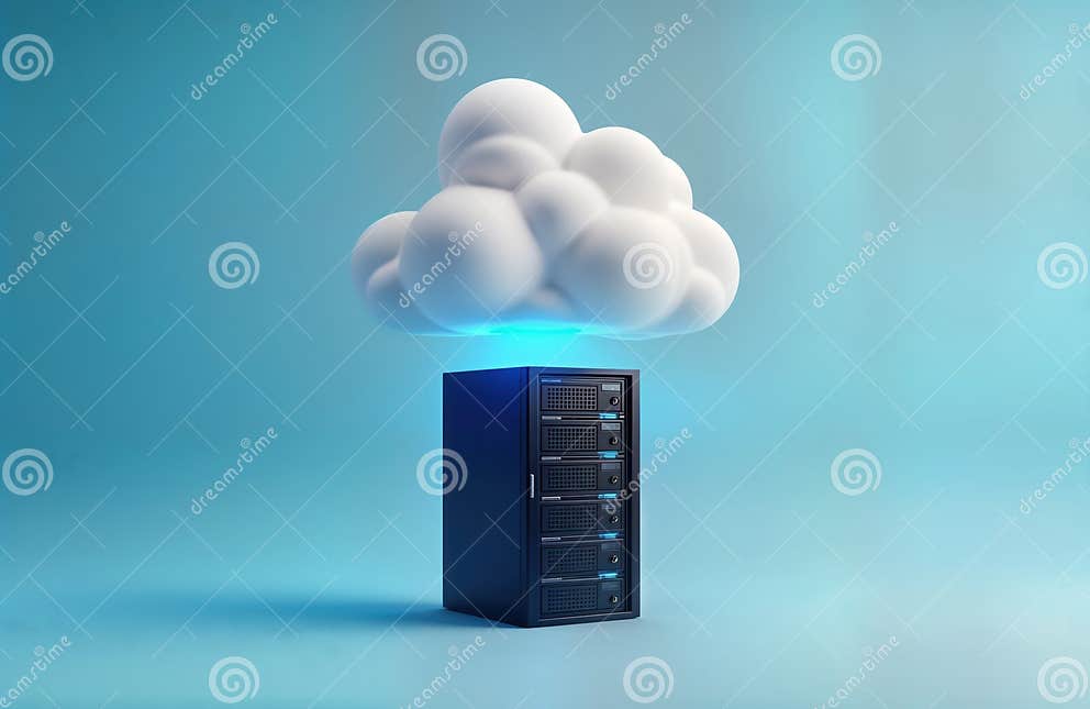 Cloud Storage Tech Concept. White Cloud Floats Above Dark Datacenter Server Rack. Blue ...