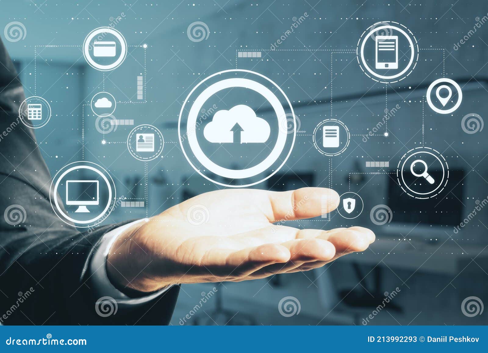 Cloud Storage Technology Concept with Man Palm and Digital Internet ...