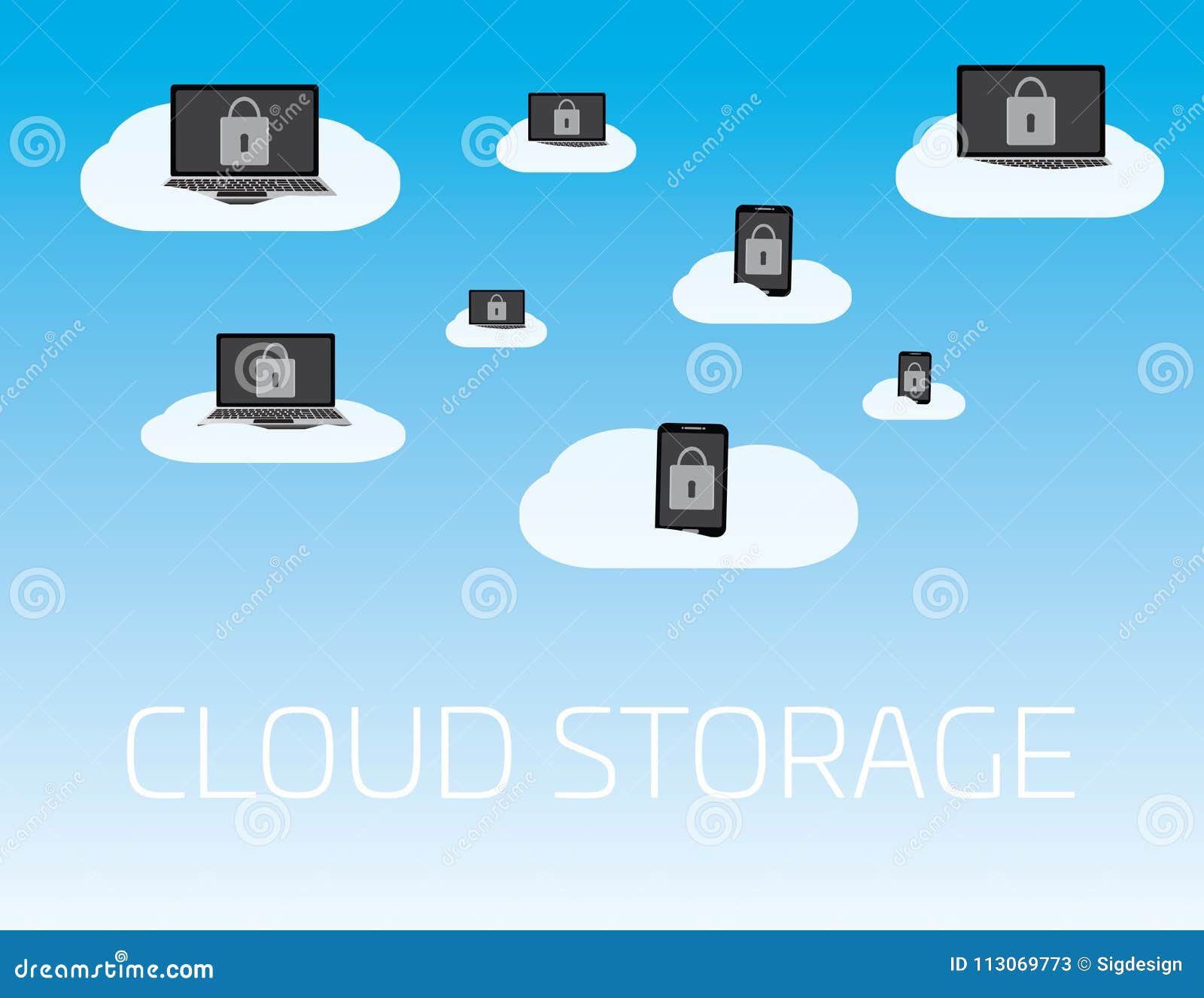 Cloud Storage Vector Illustration. Clouds with Locked Smartphones and ...