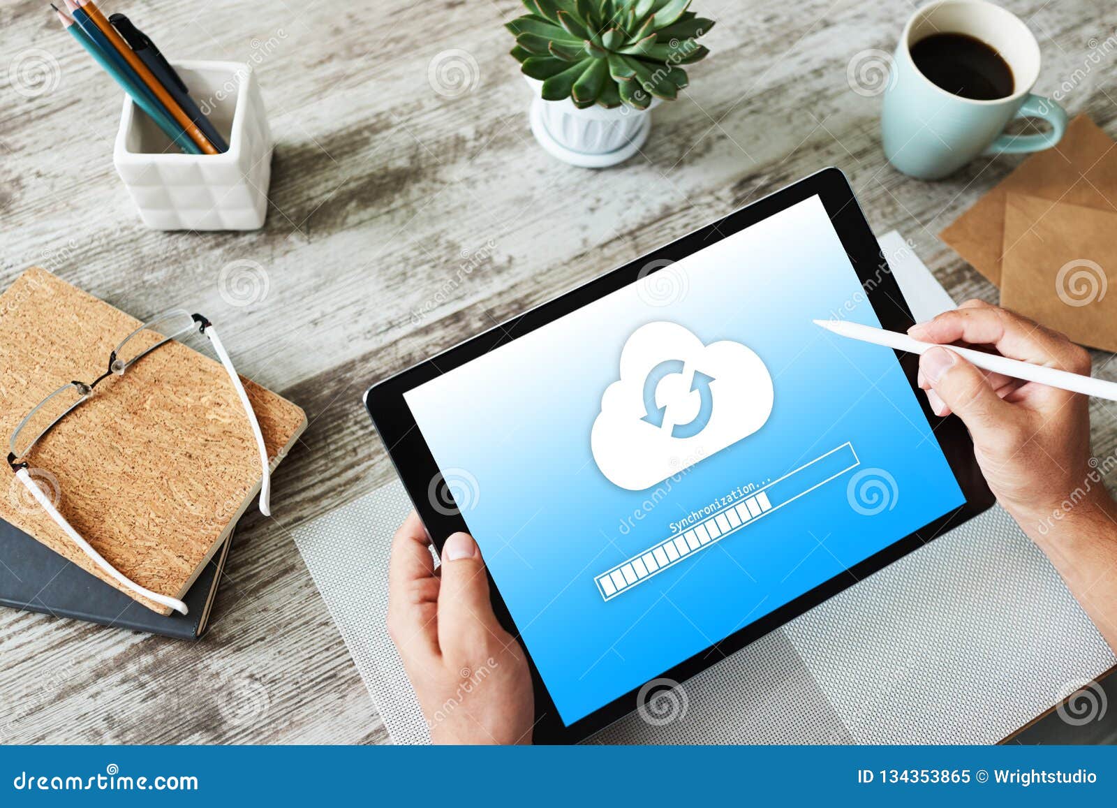 Cloud Synchronization Progress Bar on Tablet Screen. Data Storage and ...