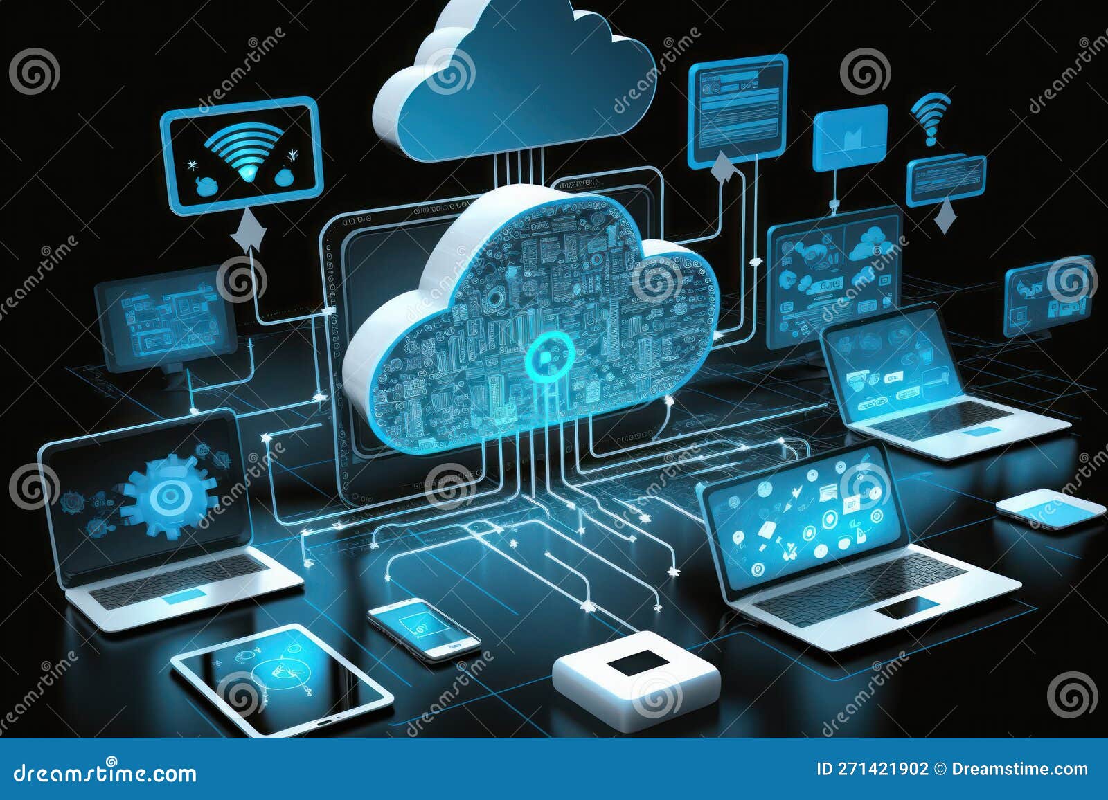 Cloud Technology. Cloud Computing. Devices Connected To Digital Storage in Data Center. Stock ...