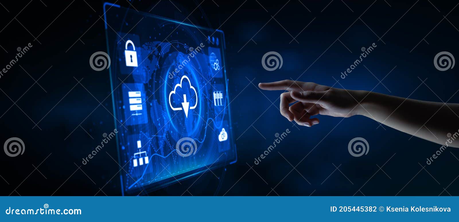 Cloud Technology Concept. Computing Data Storage. Software Infrastructure. Hand Pressing Button ...