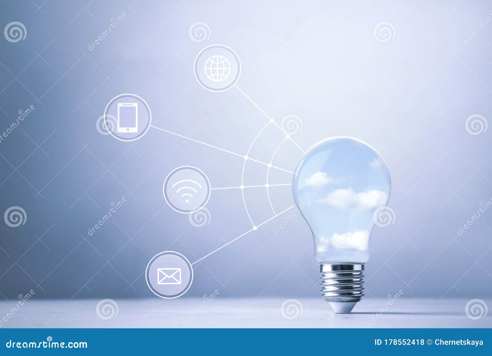 Cloud Technology Concept. Light Bulb with Sky and Icons Stock Photo ...