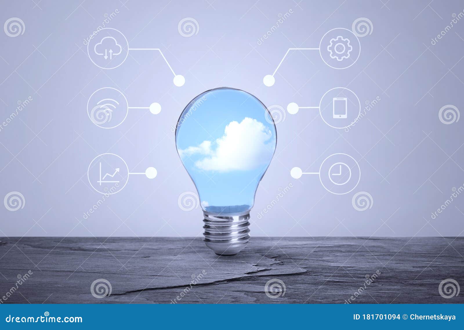 Cloud Technology. Light Bulb with Sky and Different Icons Stock Photo ...