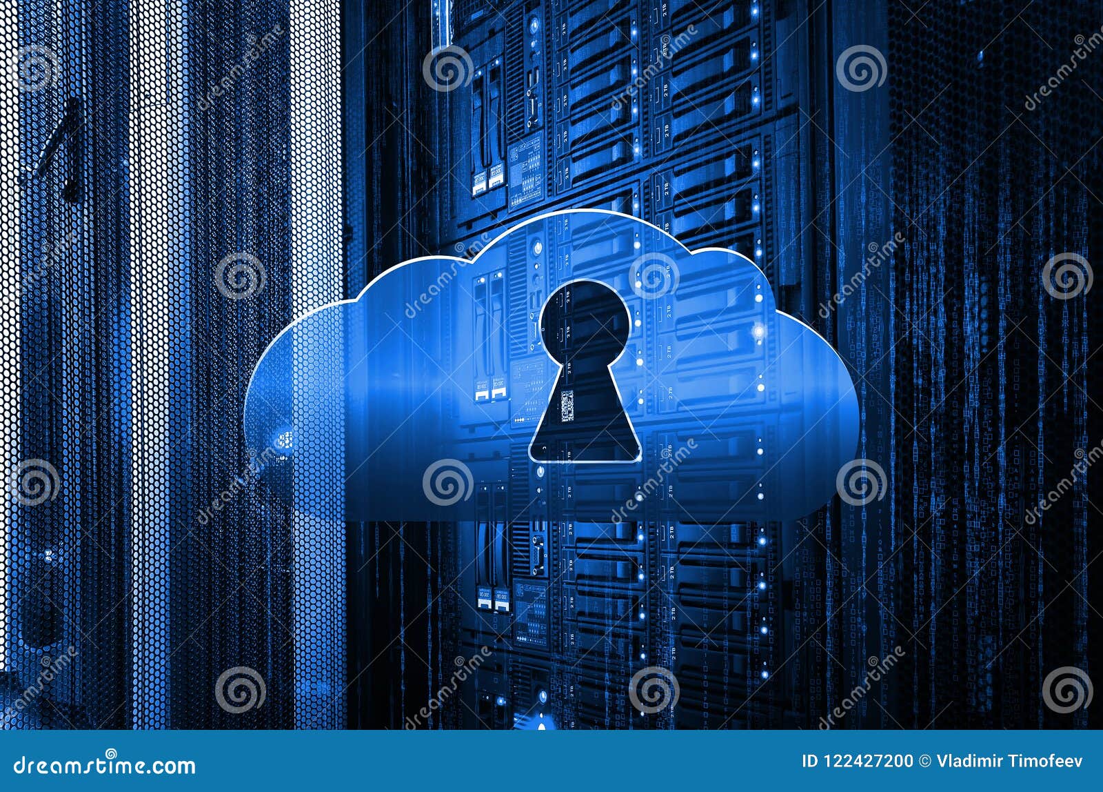 Cloud Technology Concept: Pixelated Cloud with Keyhole Icon Over Modern ...