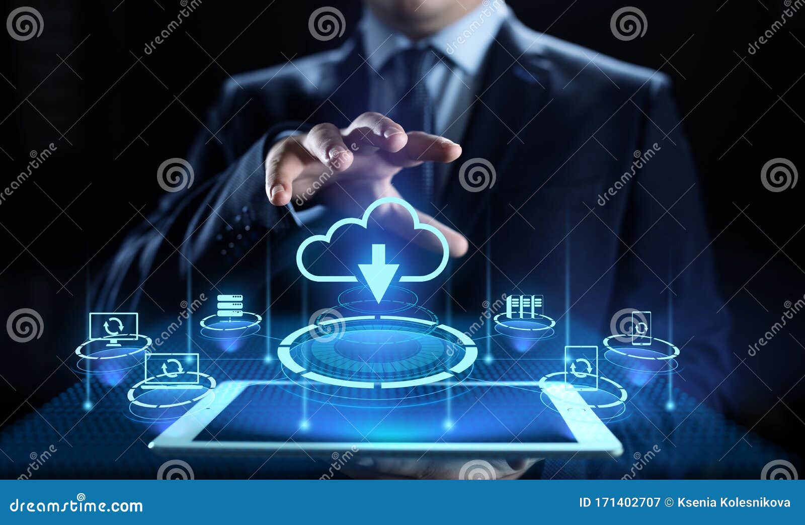 Cloud Technology Data Storage Processing Computing Internet Concept. Businessman Pressing Button ...