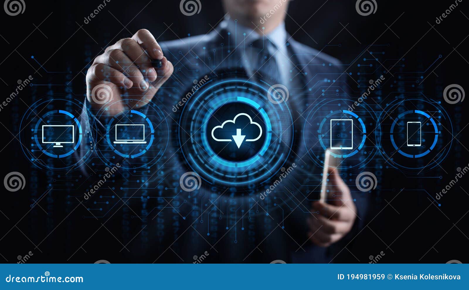 Cloud Technology Data Storage Processing Computing Internet Concept. Businessman Pressing Button ...