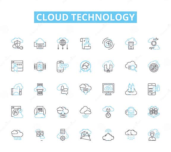 Cloud Technology Linear Icons Set. Scalability, Virtualization, Automation, Efficiency, Security ...