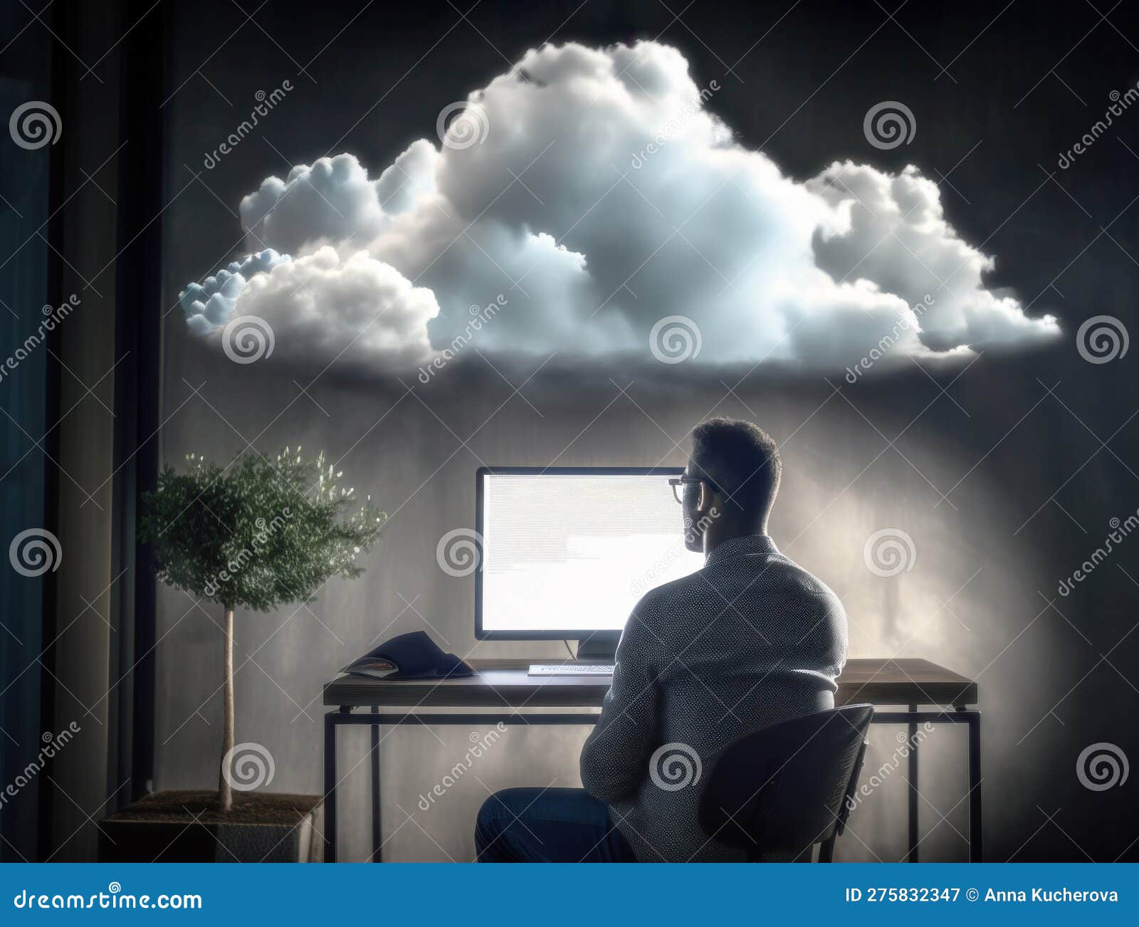 Cloud Technology Metaphor. a Man Sits at His Desk with a Computer, a Cloud Hovering Above His ...