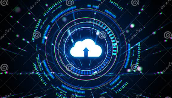 Cloud Upload Icon Surrounded by Neon Binary Code and Glowing Digital Elements on a Dark ...