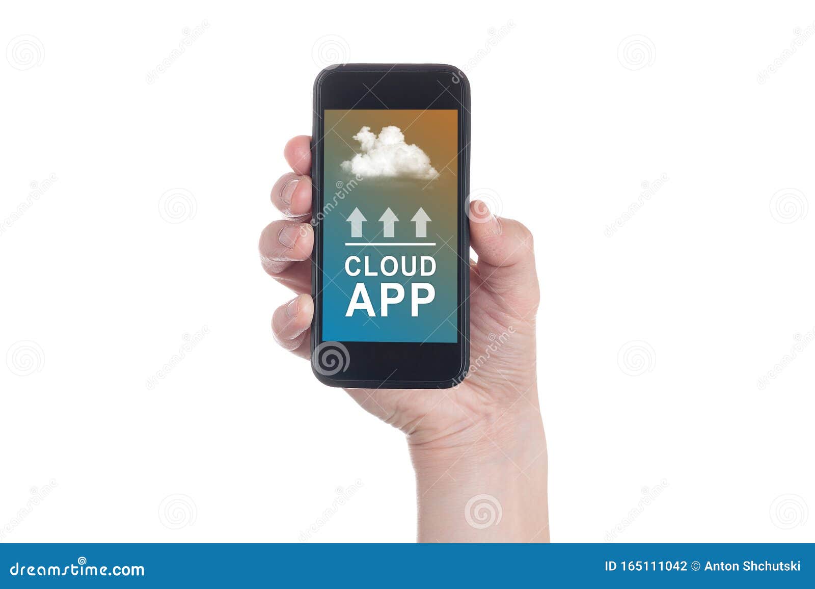 Cloud Uploading Concept on Phone Screen. Man Hand Hold Phone with Cloud ...
