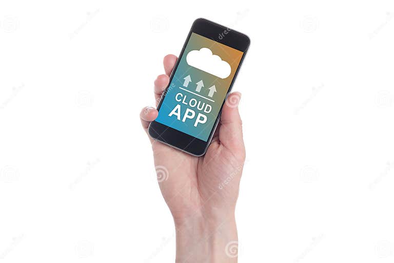 Cloud Uploading Concept on Phone Screen. Man Hand Hold Phone with Cloud ...