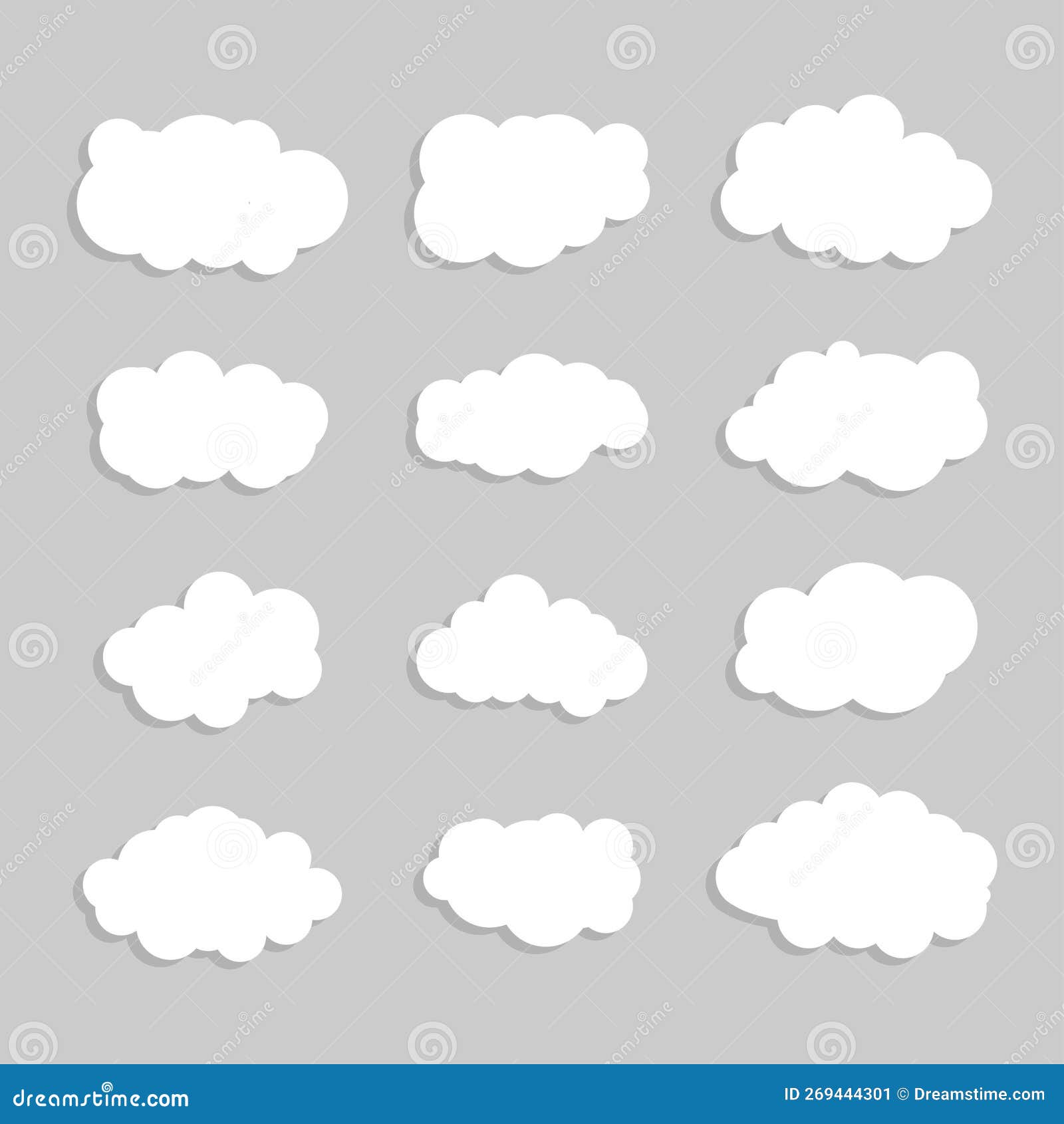 Cloud Vector Icon Set. White Clouds with Shadow on Gray Background ...
