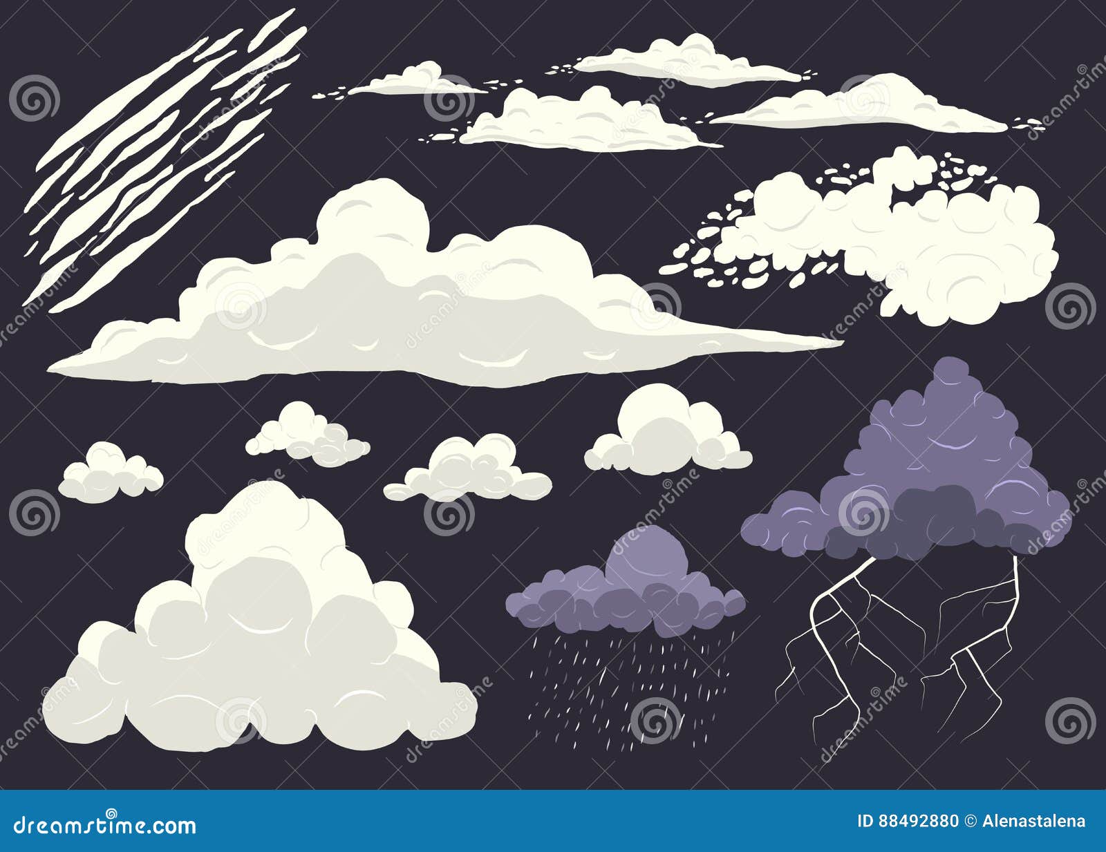 Cloud Vector Set Isolated On Dark Background, Cartoon Storm Cloudscape ...