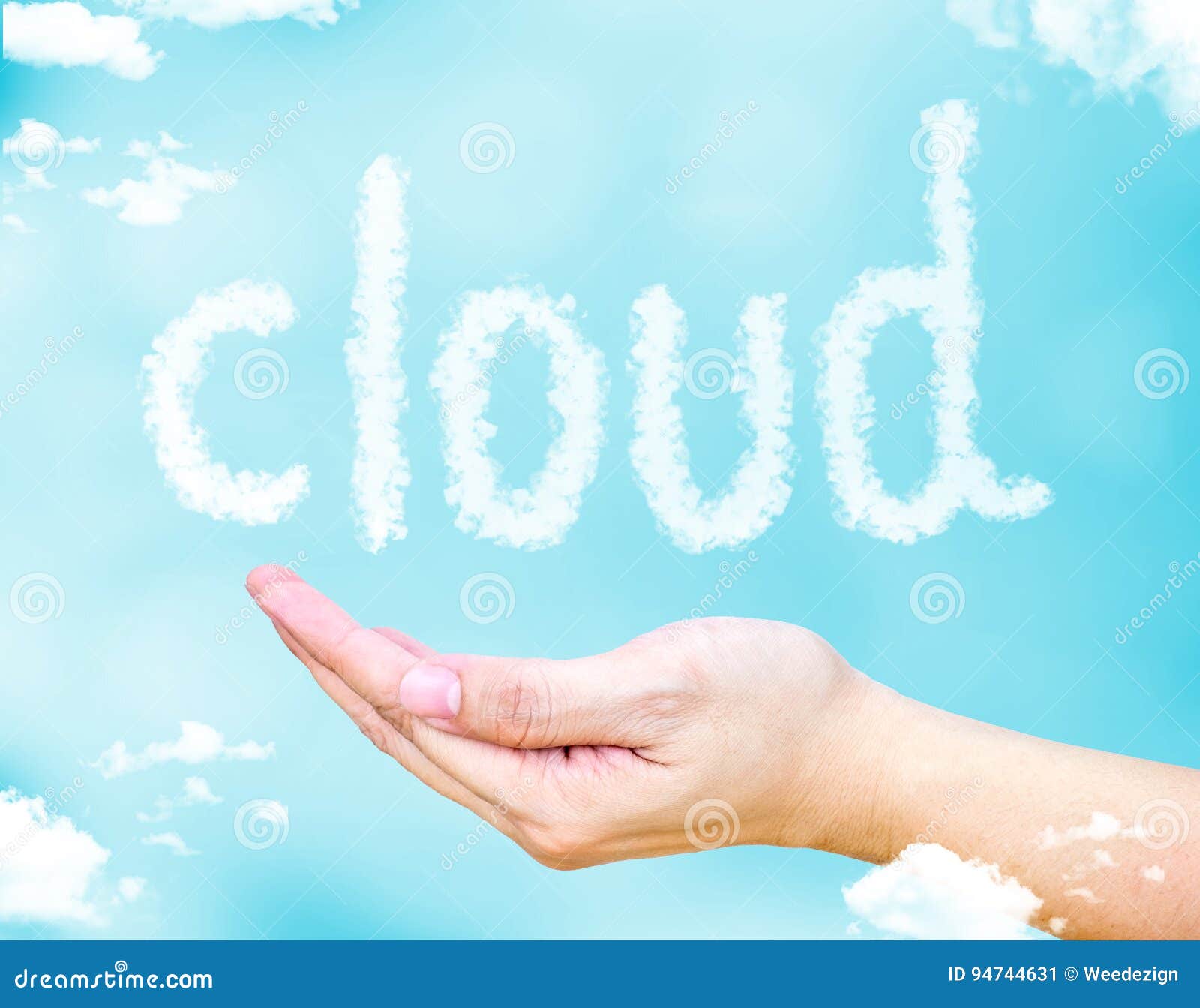 Cloud Word Floating on Open Hand with Light Blue Sky with Cloud ...