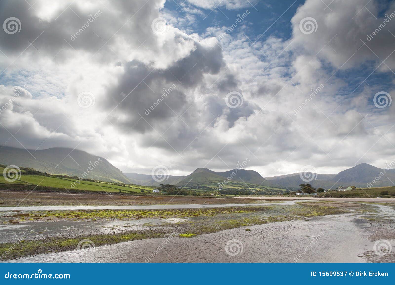 Clouds with Blue Sky Over Irish Hills and Estuary Stock Image - Image ...