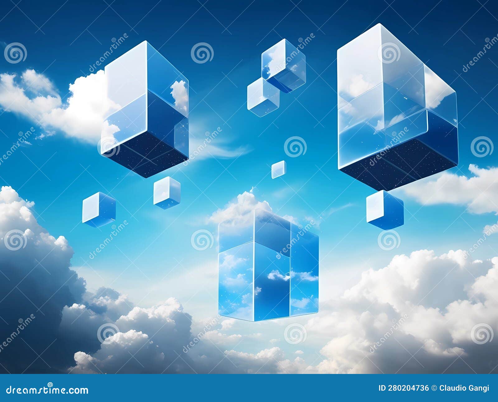 Clouds and Cubes and Wireframe Mesh Surreal Sky Stock Illustration - Illustration of mesh ...