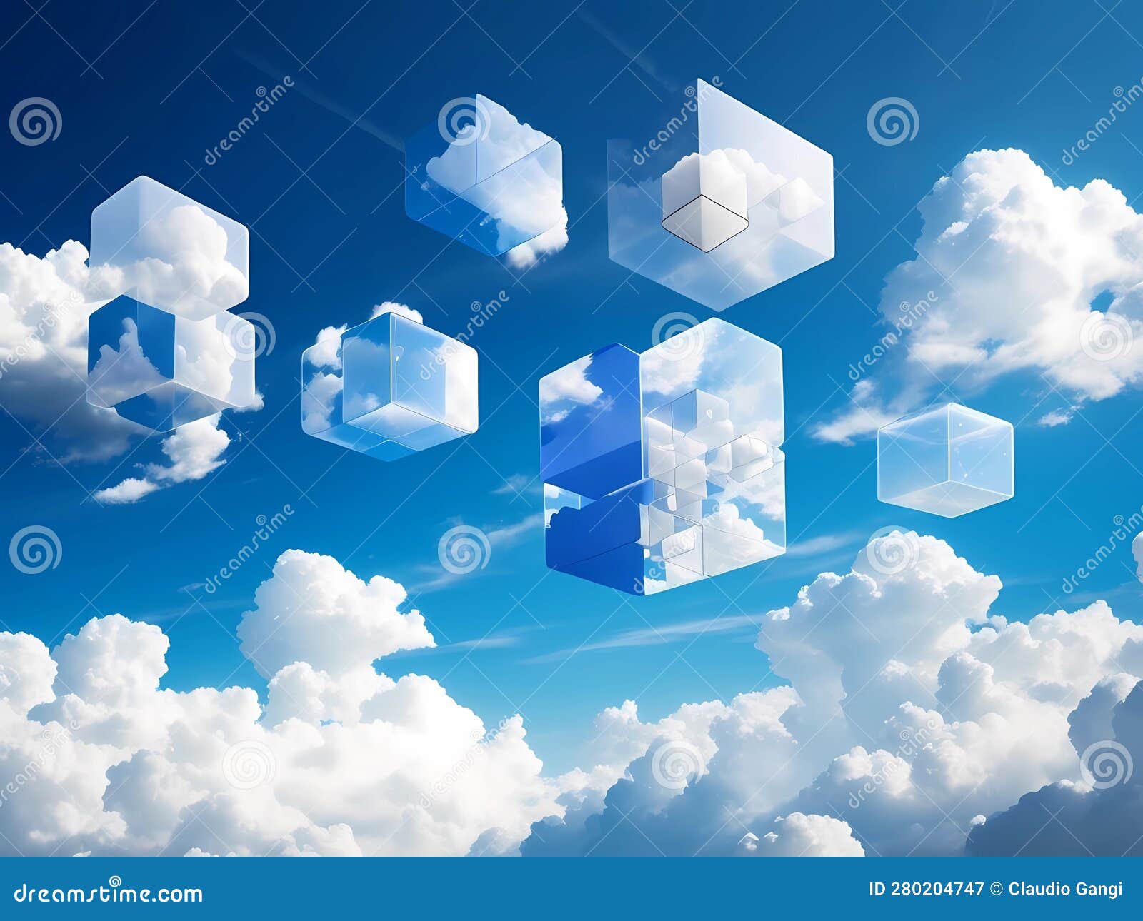 Clouds and Cubes and Wireframe Mesh Surreal Sky Stock Illustration - Illustration of graphic ...