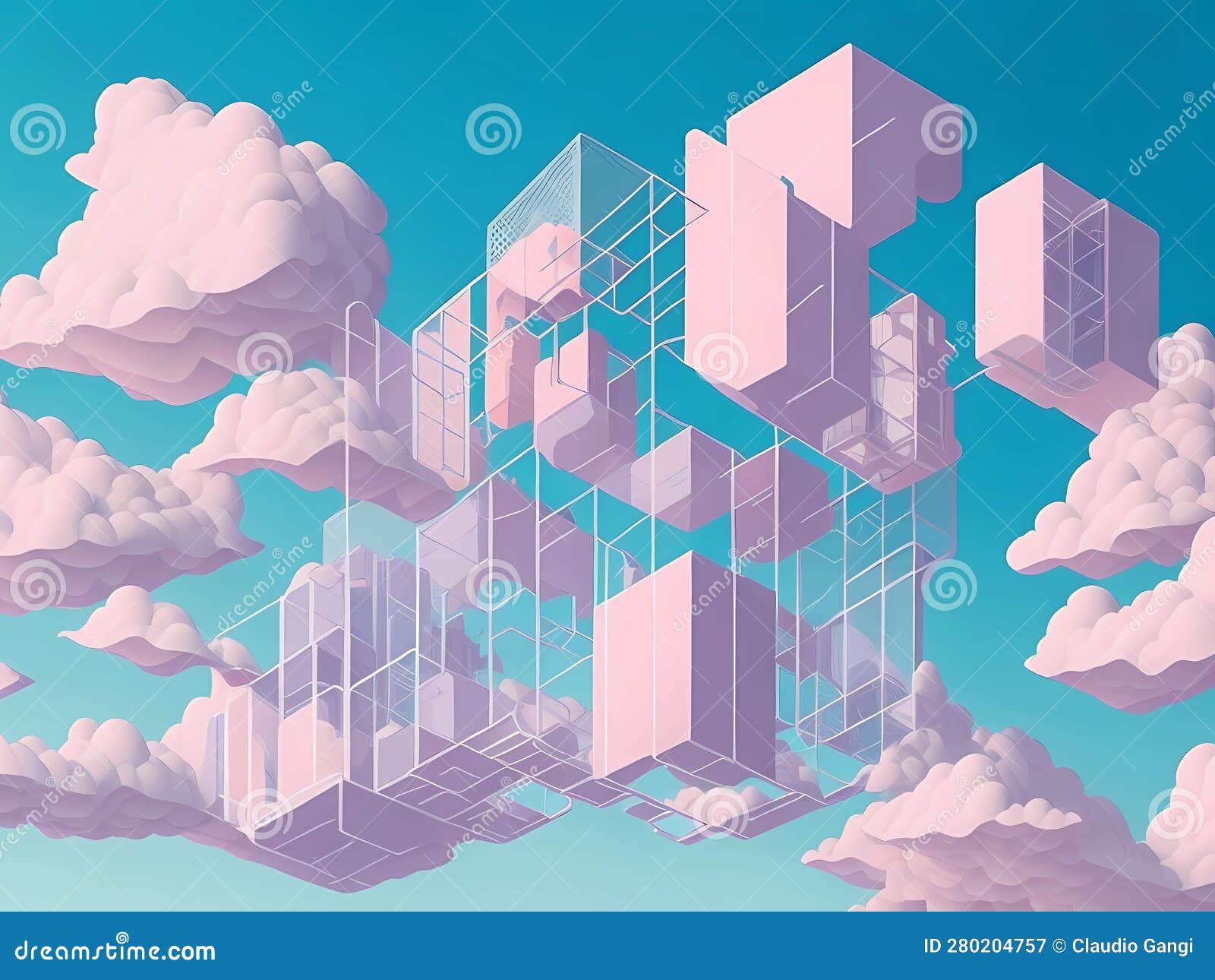 Clouds and Cubes and Wireframe Mesh Surreal Sky Stock Illustration ...