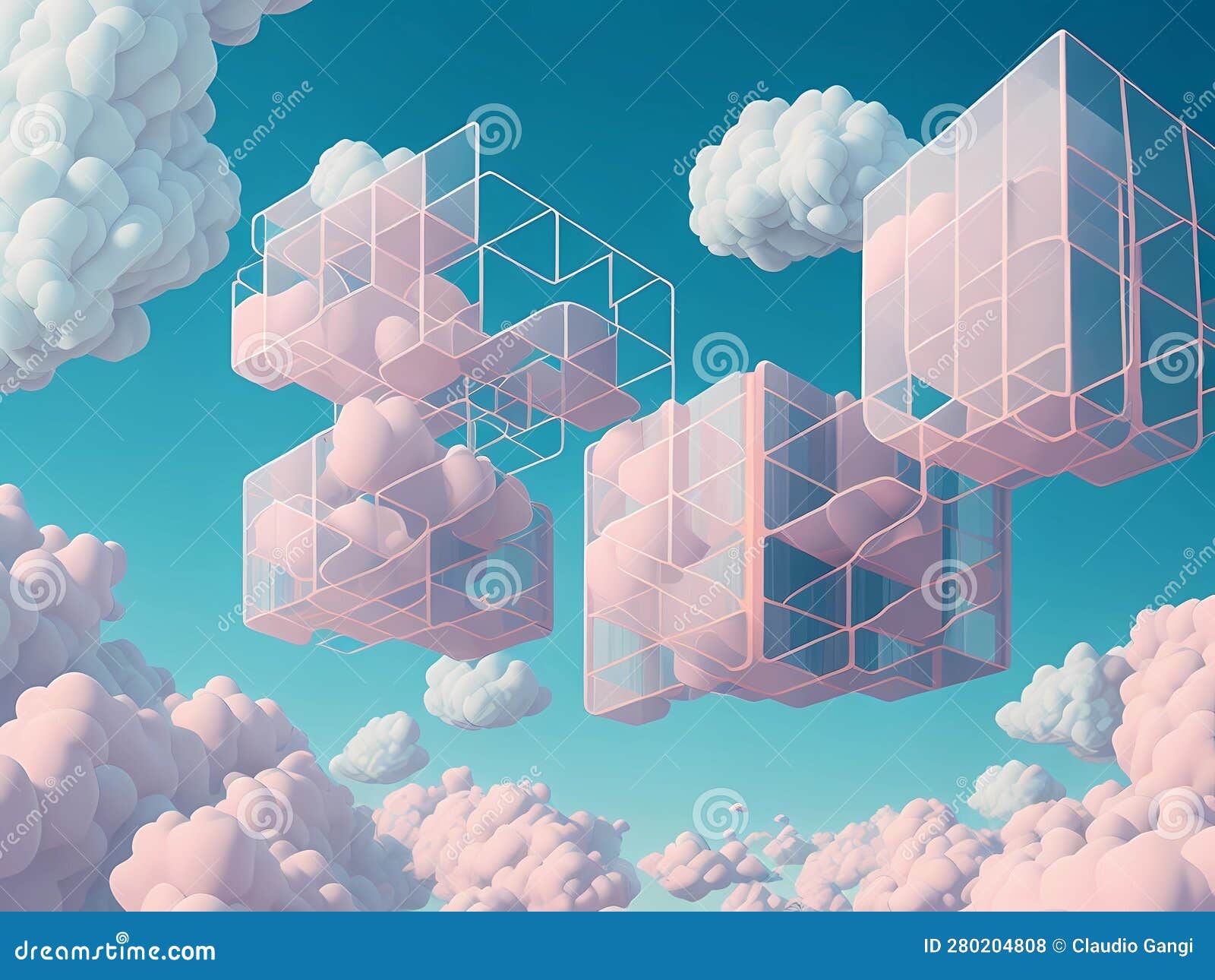 Clouds and Cubes and Wireframe Mesh Surreal Sky Stock Illustration ...