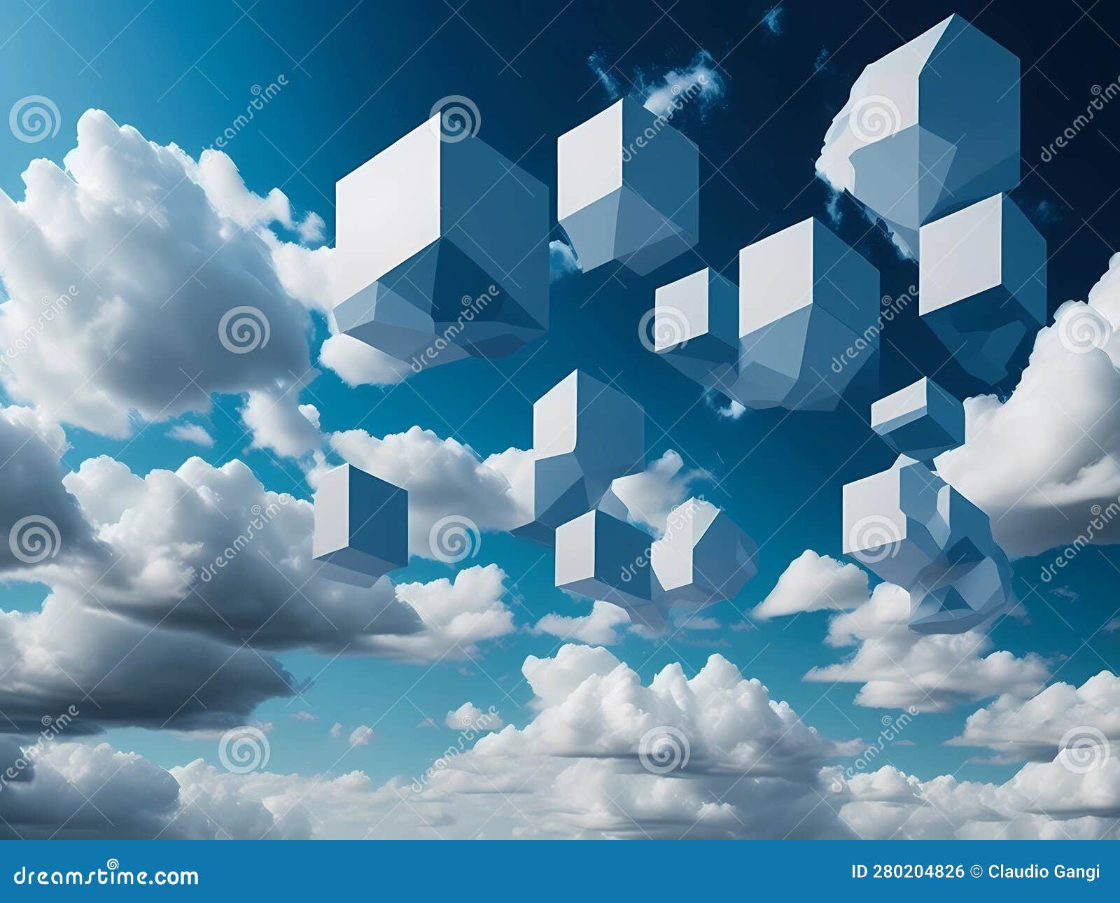 Clouds and Cubes and Wireframe Mesh Surreal Sky Stock Illustration ...