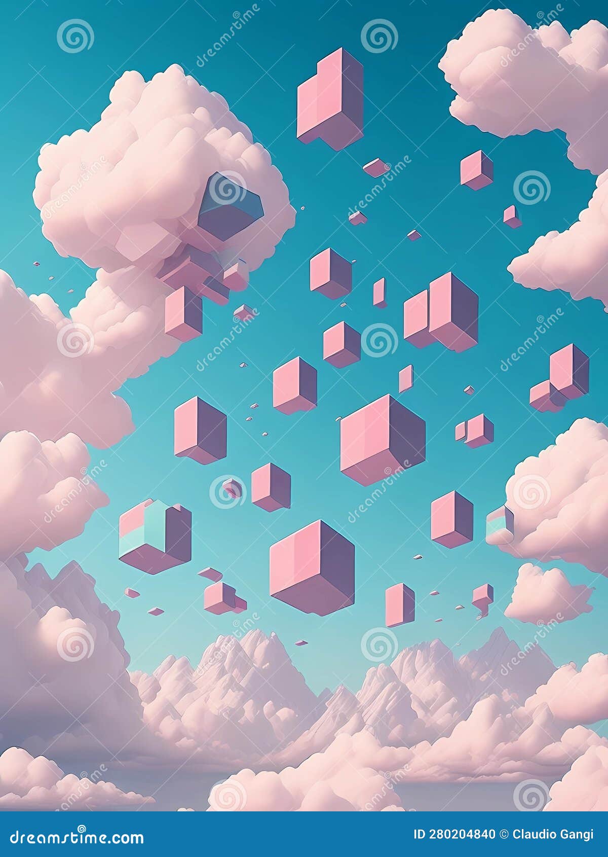 Clouds and Cubes and Wireframe Mesh Surreal Sky Stock Illustration - Illustration of clouds ...