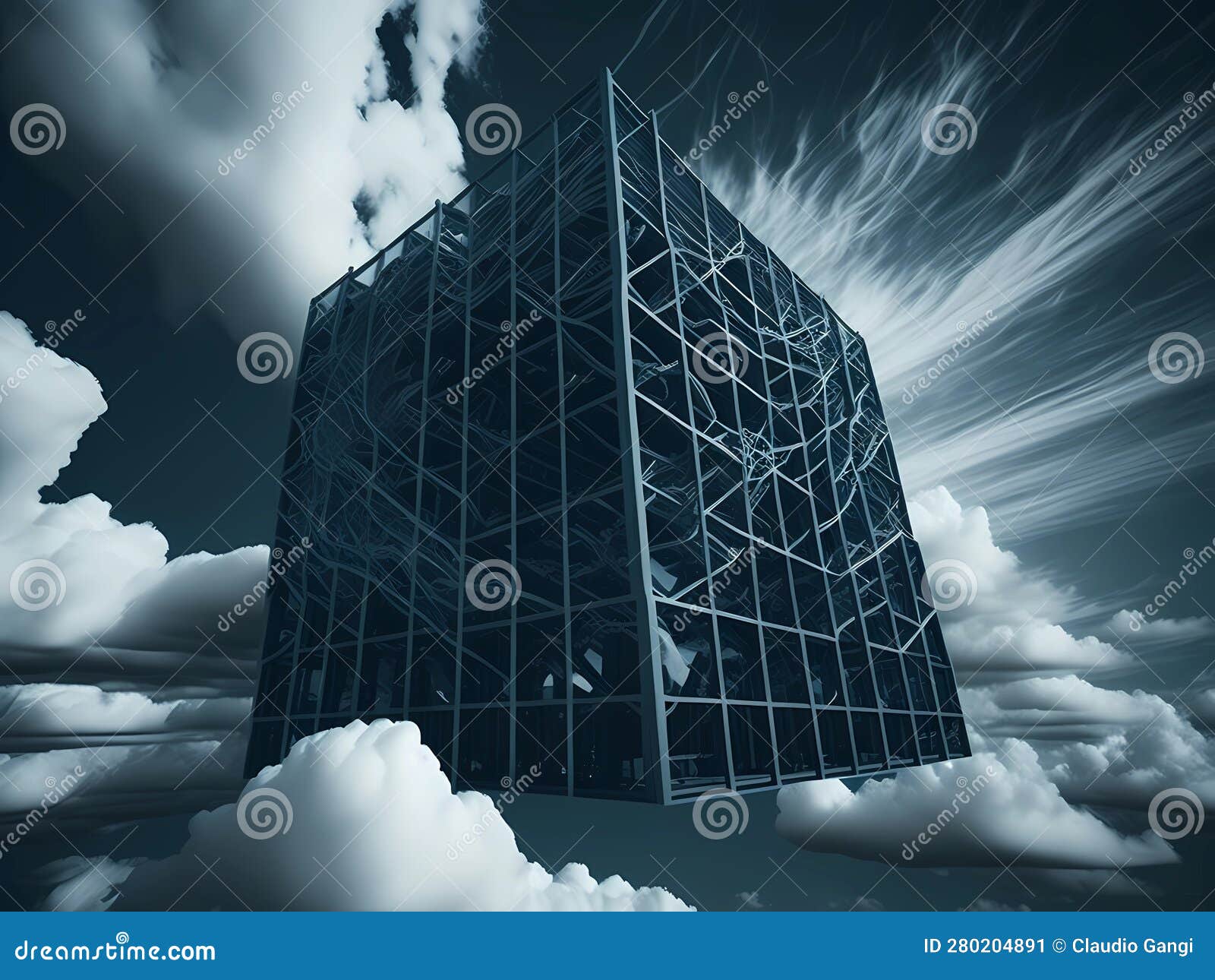 Clouds and Cubes and Wireframe Mesh Surreal Sky Stock Illustration ...