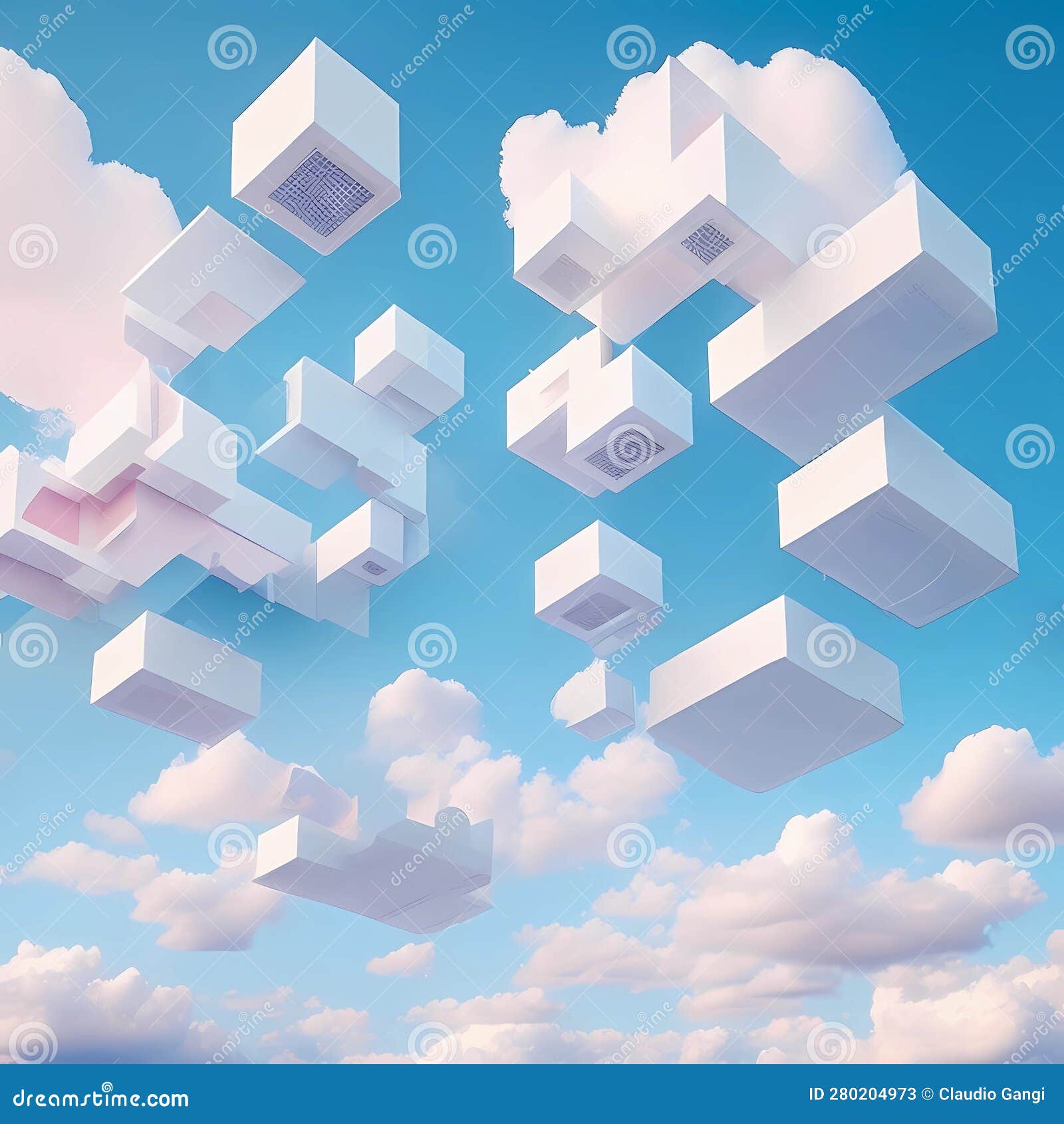 Clouds and Cubes and Wireframe Mesh Surreal Sky Stock Illustration ...